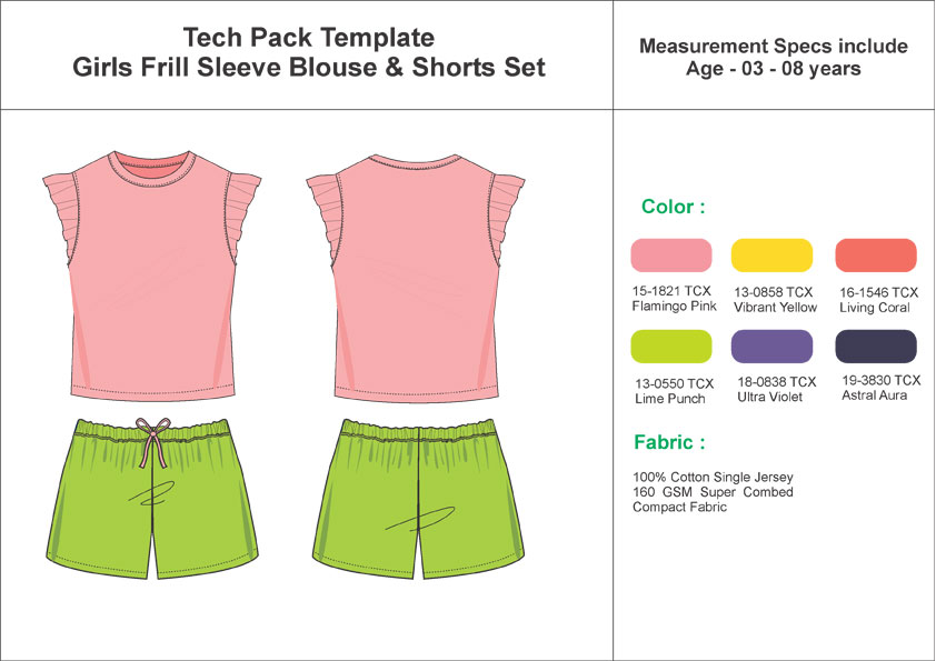Tech Pack Template Girls Frill Sleeve Blouse & Shorts Set