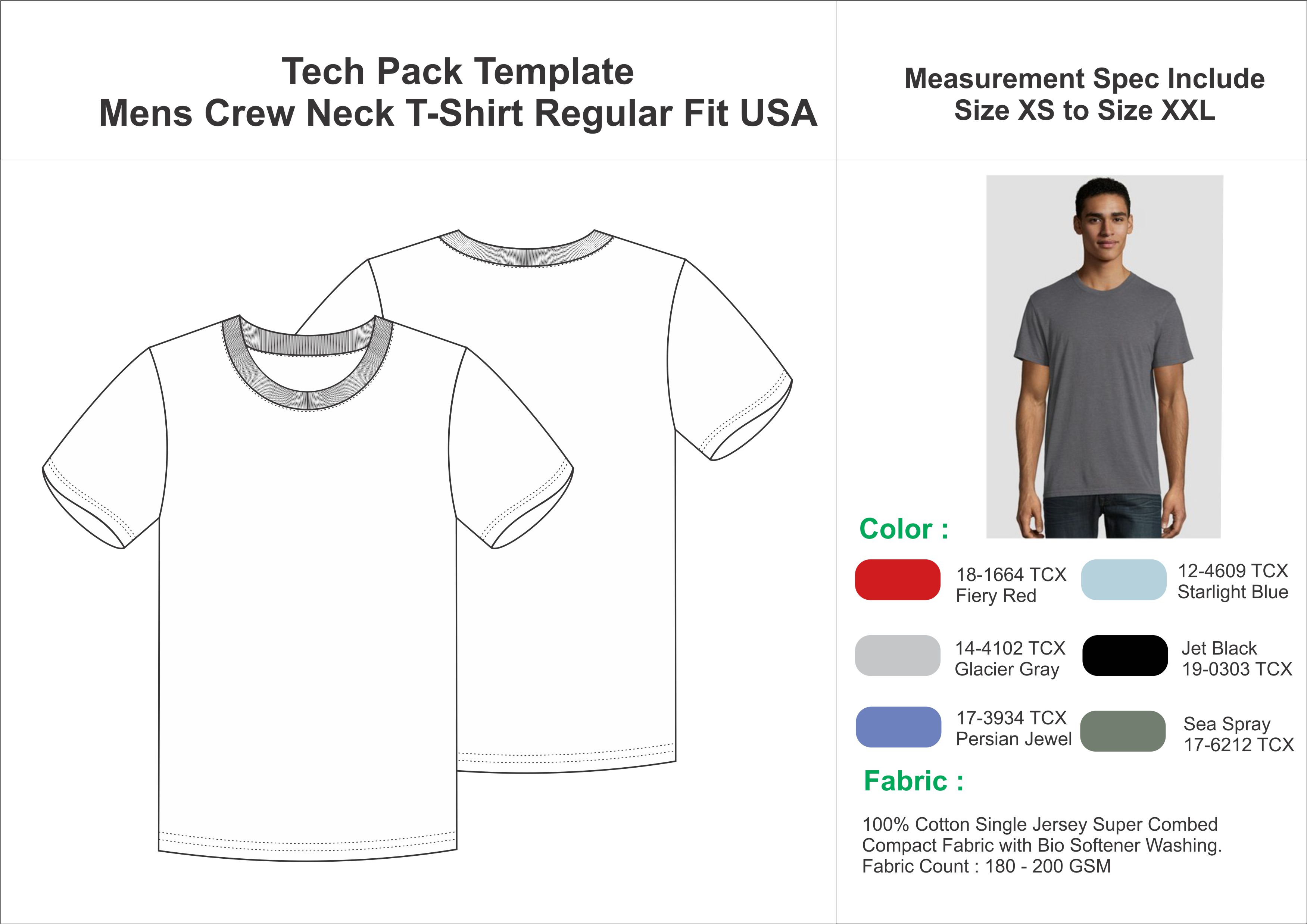 Tech Pack Template Mens Crewneck T-Shirt Regular Fit